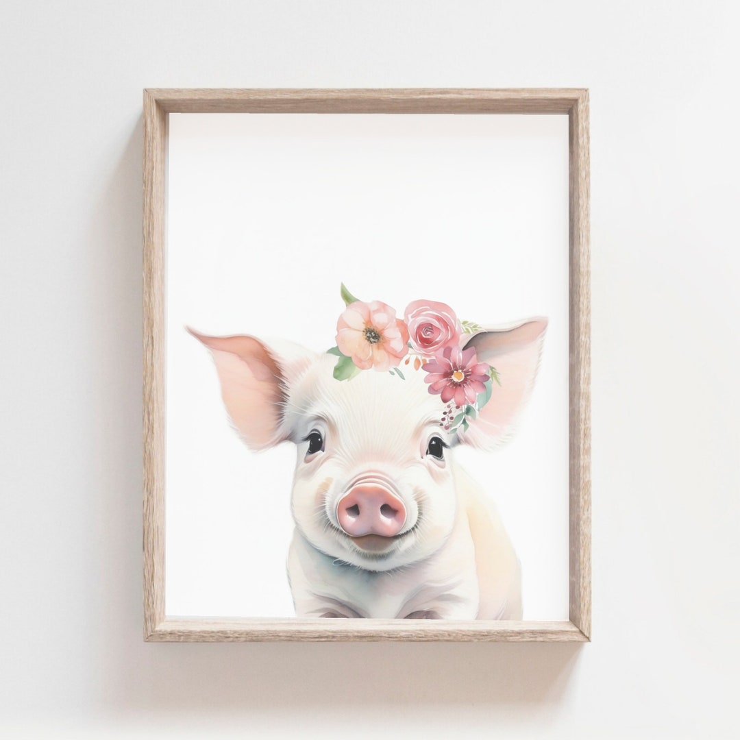 Pig Poster, Pig With Flowers Print, Farm Animal Wall Art, Farmhouse ...