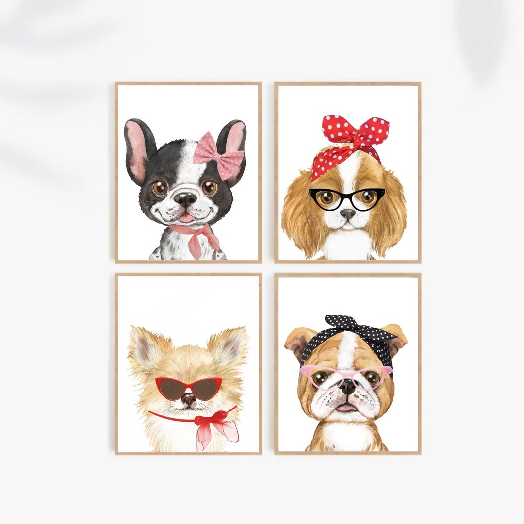 Girl Room Decor, Vintage Dog Poster, Set of 4 Puppy Prints, Fun ...
