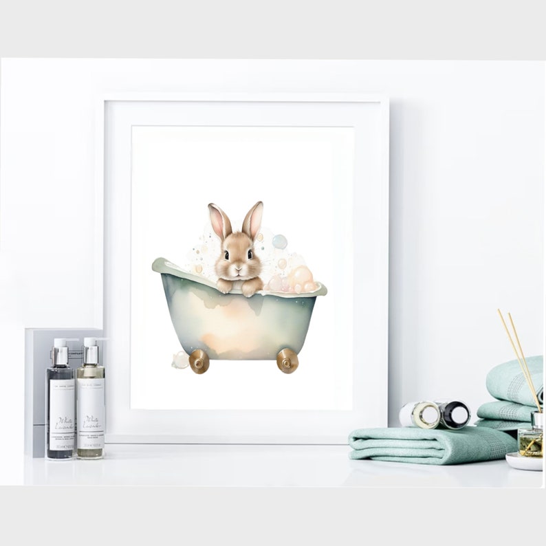 Bunny in a Bathtub Print, Child's Bathroom Art PRINTABLE, Baby Rabbit ...