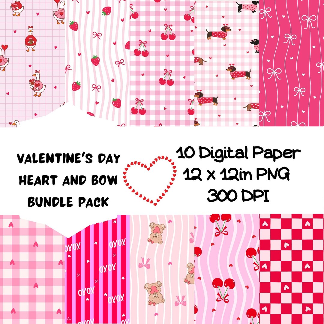 Kawaii Valentine Digital Paper Pack, Pink Hearts, Bows, Gingham (10 ...