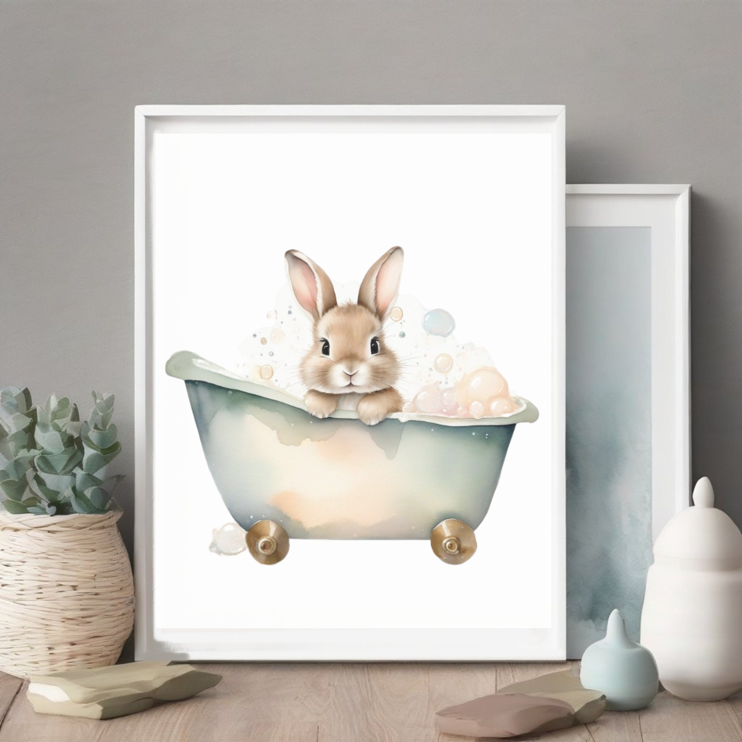 Bunny in a Bathtub Print, Child's Bathroom Art PRINTABLE, Baby Rabbit ...