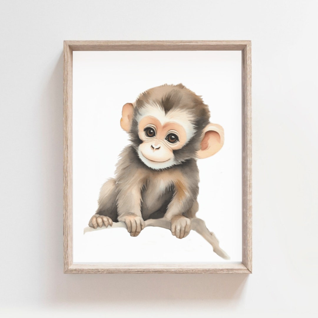 Baby Monkey Print, Jungle Animal Wall Art, Nursery Decor, Cute Baby ...