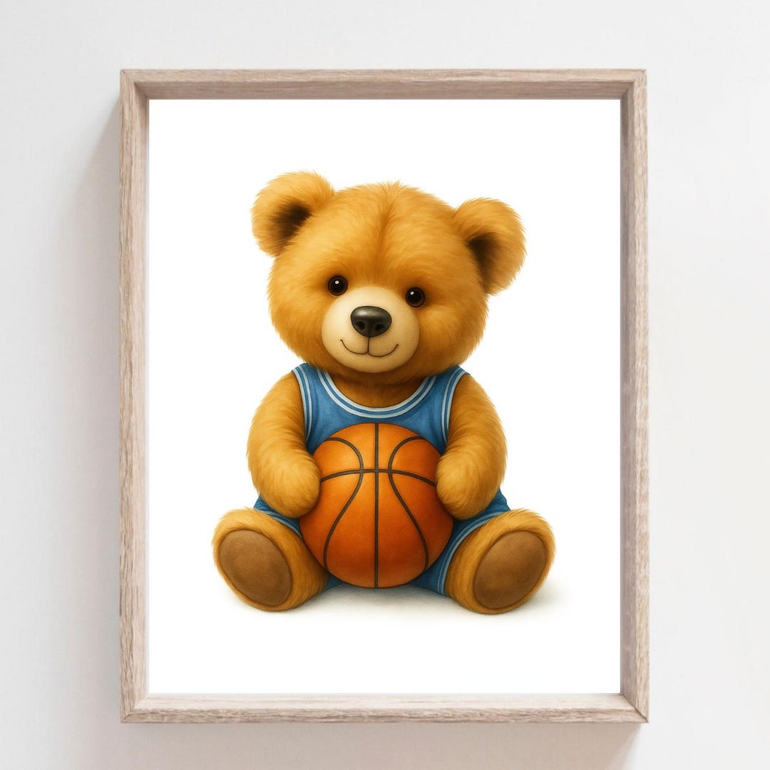 Teddy Bear Basketball Nursery Print: Sports Animal Poster (digital ...