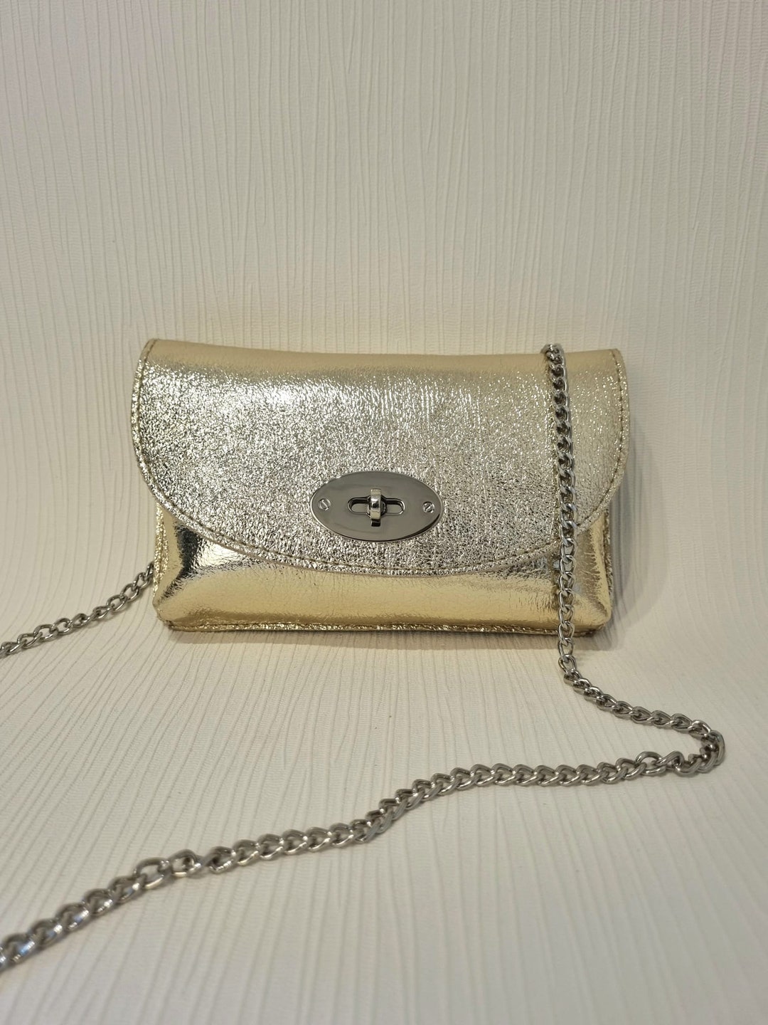 Metallic Gold Leather Clutch Bag: Silver Chain Strap Evening Bag - Etsy