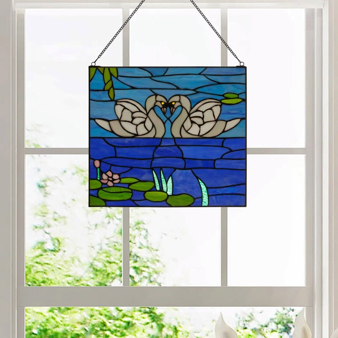 Couple Swan Stained Glass Window Panel Swans in Love - Etsy