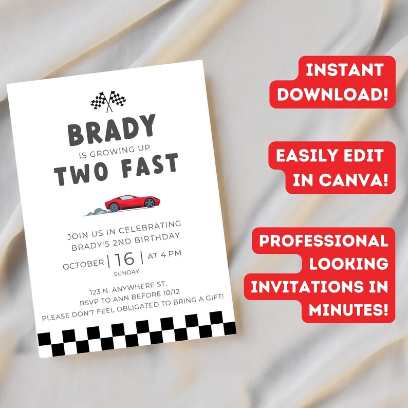 Two Fast Birthday Invitation Template: Cars Theme (editable Canva ...