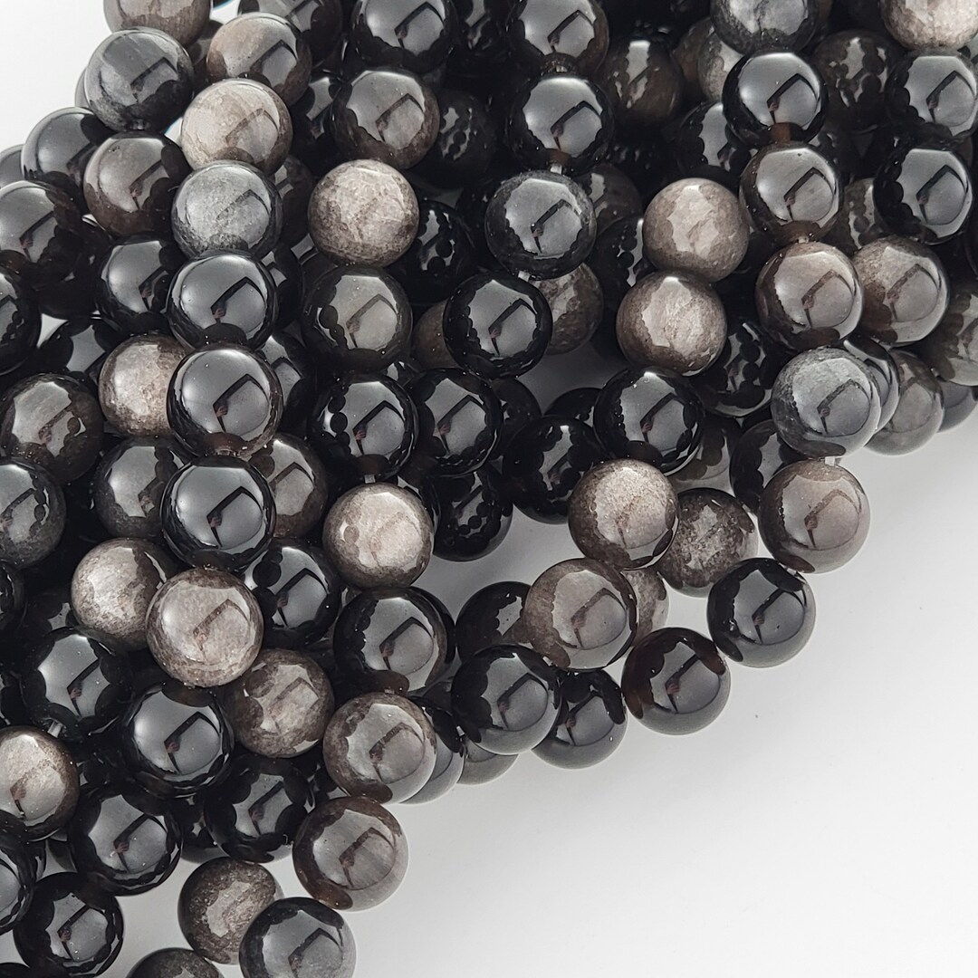 Silver Obsidian Beads Black Silver Gemstone Natural Smooth Crystal ...