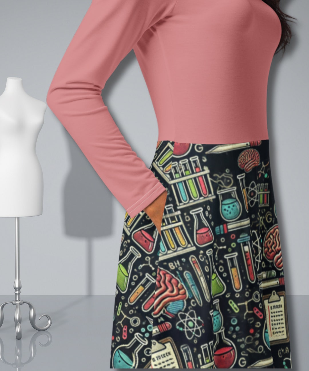 All-over Print Long Sleeve Midi Dress, Science Teacher Dress, School ...