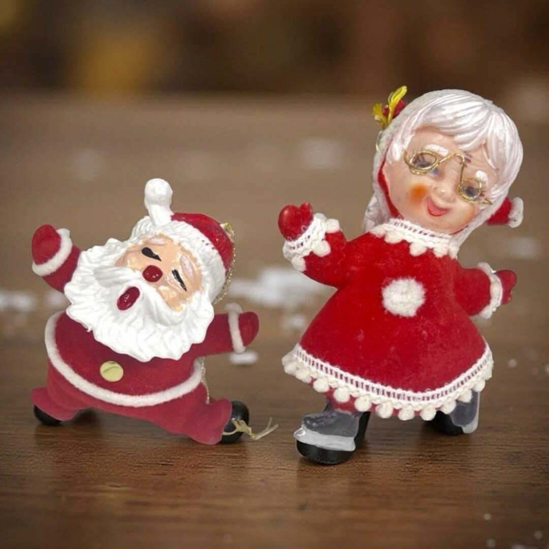 Vintage MCM Santa & Mrs Claus Flocked Christmas Ornaments Holiday Felt ...