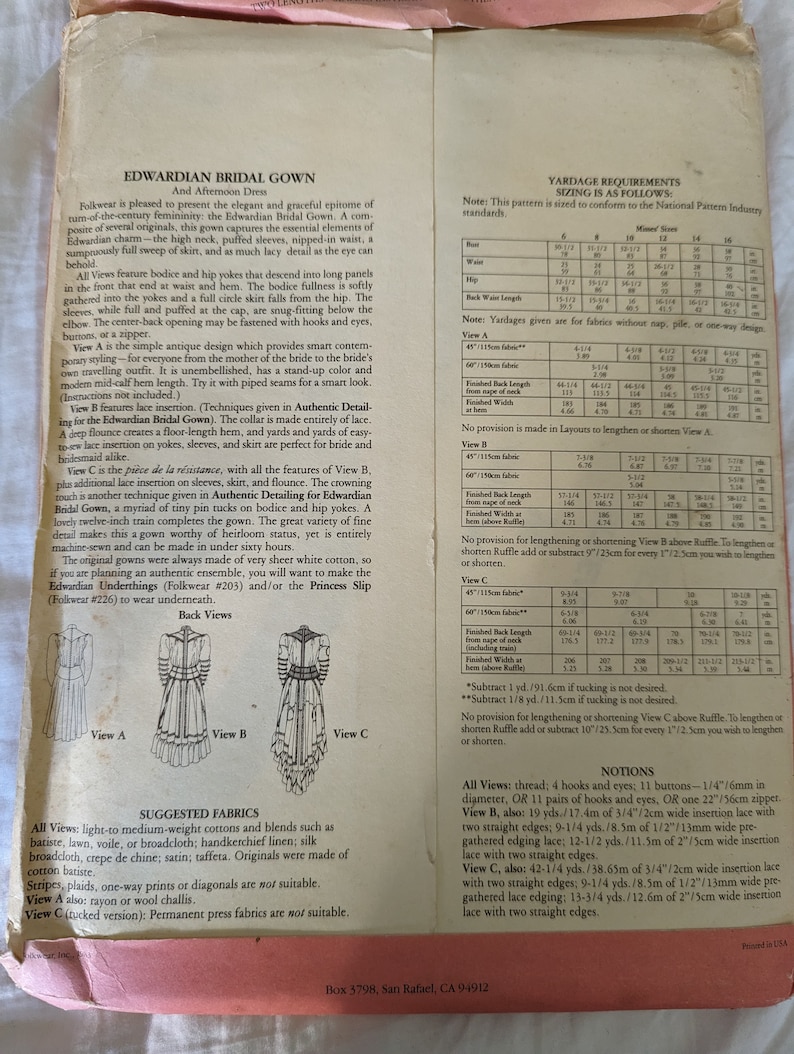 Folkwear Sewing Pattern 227 Edwardian Bridal Gown Custom Vintage ...