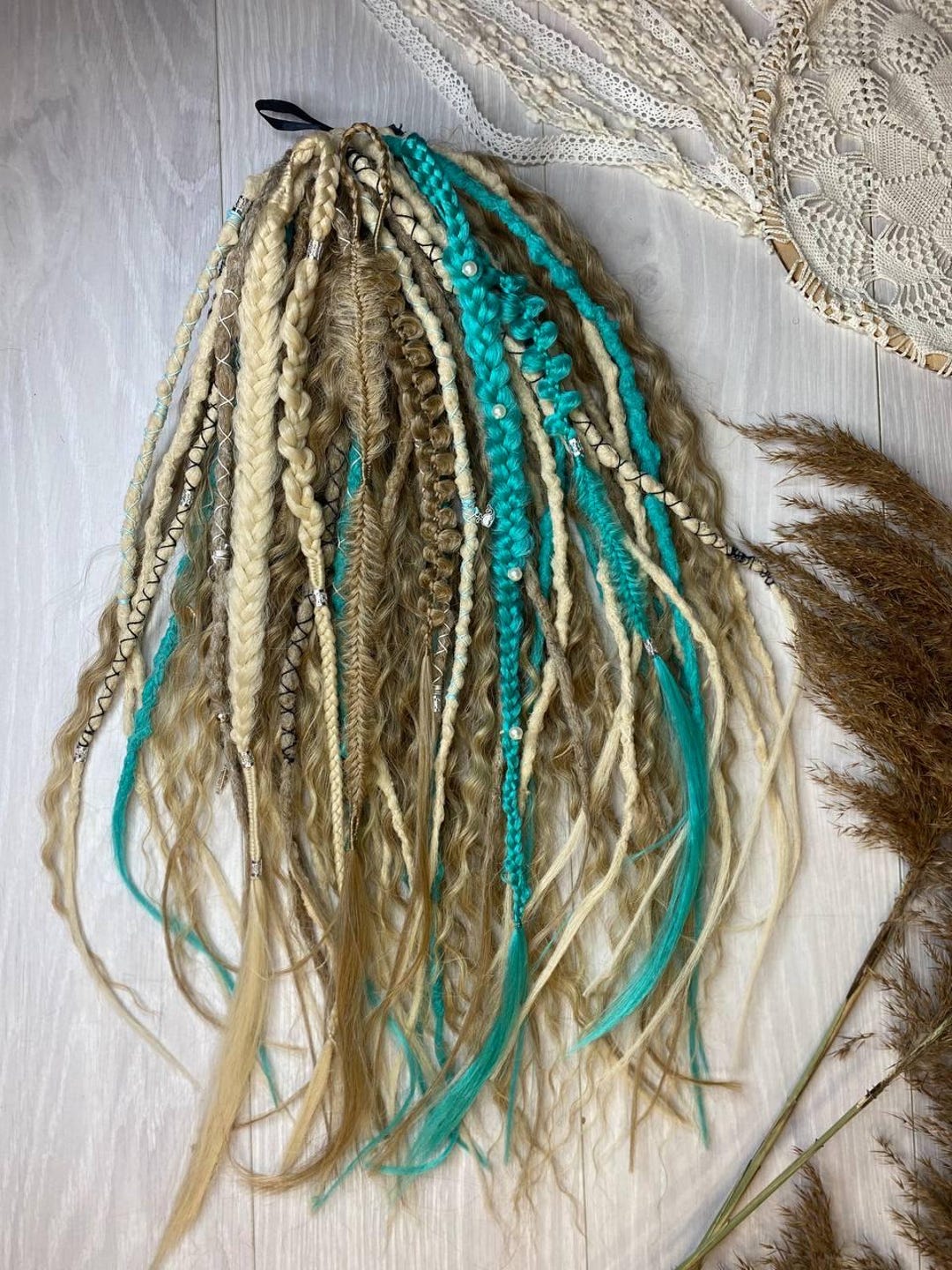 Boho Synthetic Dreadlocks: Turquoise Beige Braids, Beads, Curls - Etsy