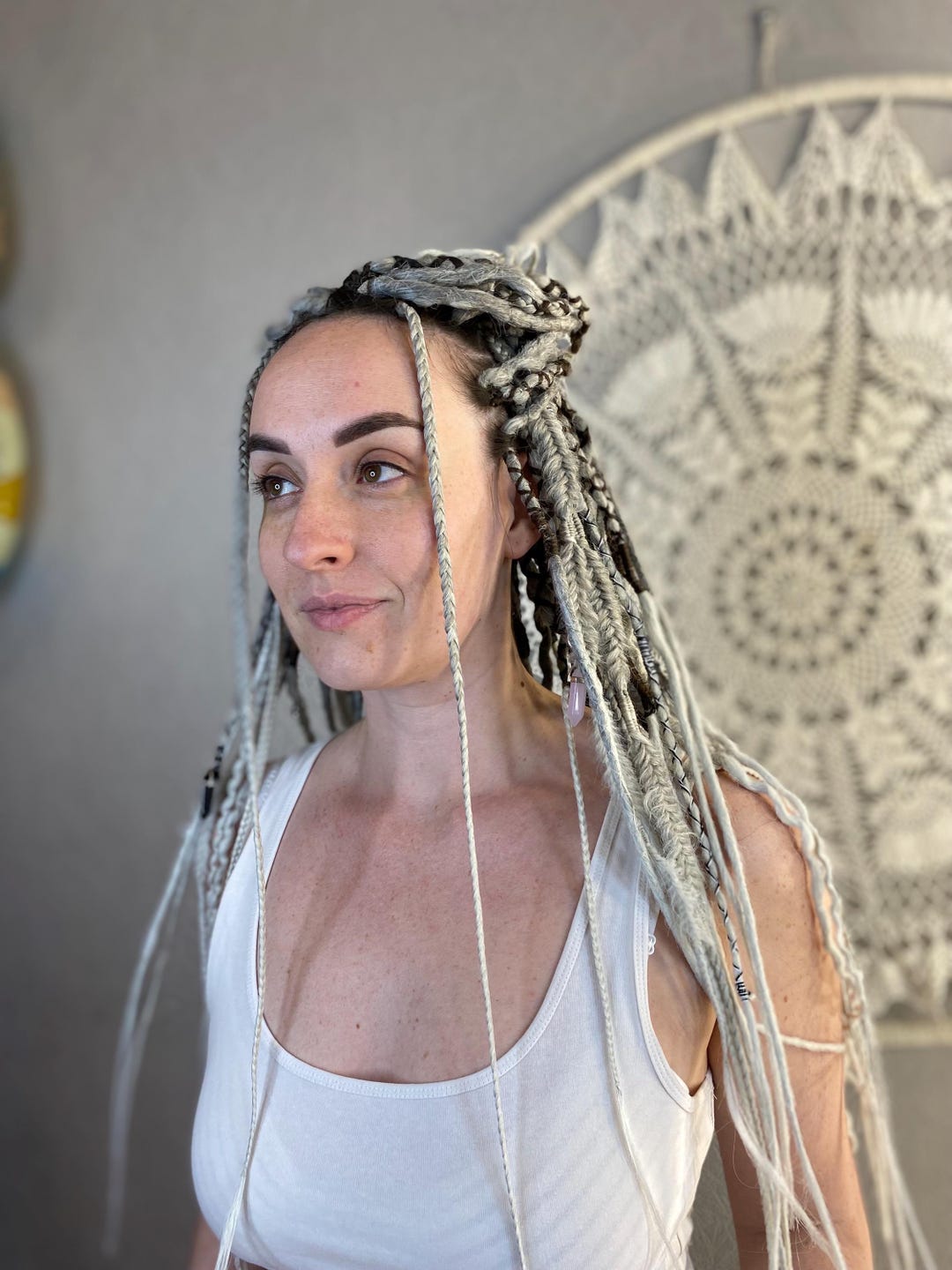 Boho White Gray Dreadlock Extensions: Textured Synthetic Dreads With ...