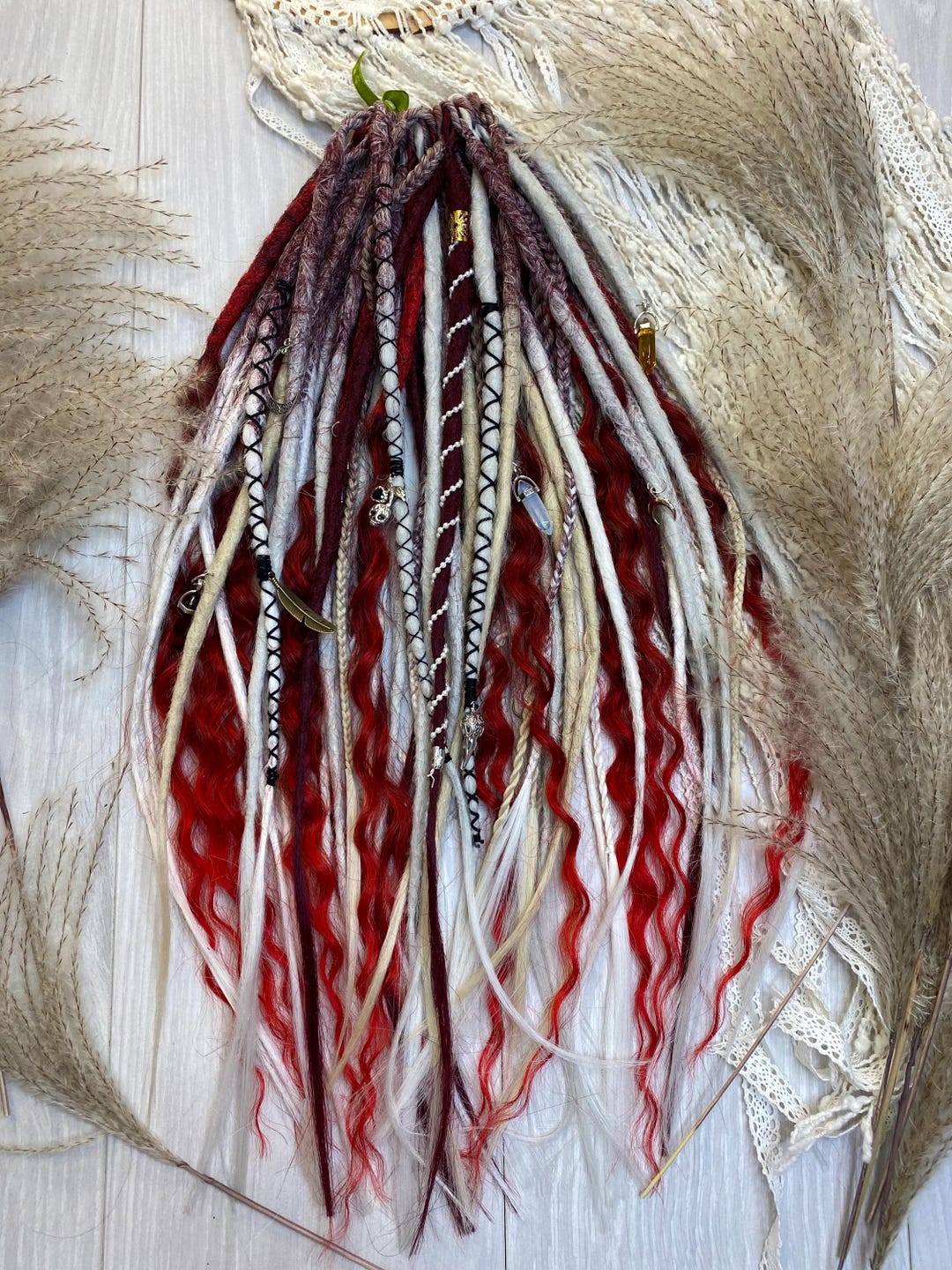 Nordic Witch Dreadlock Set: Red, White & Grey Viking Braids With Charms ...