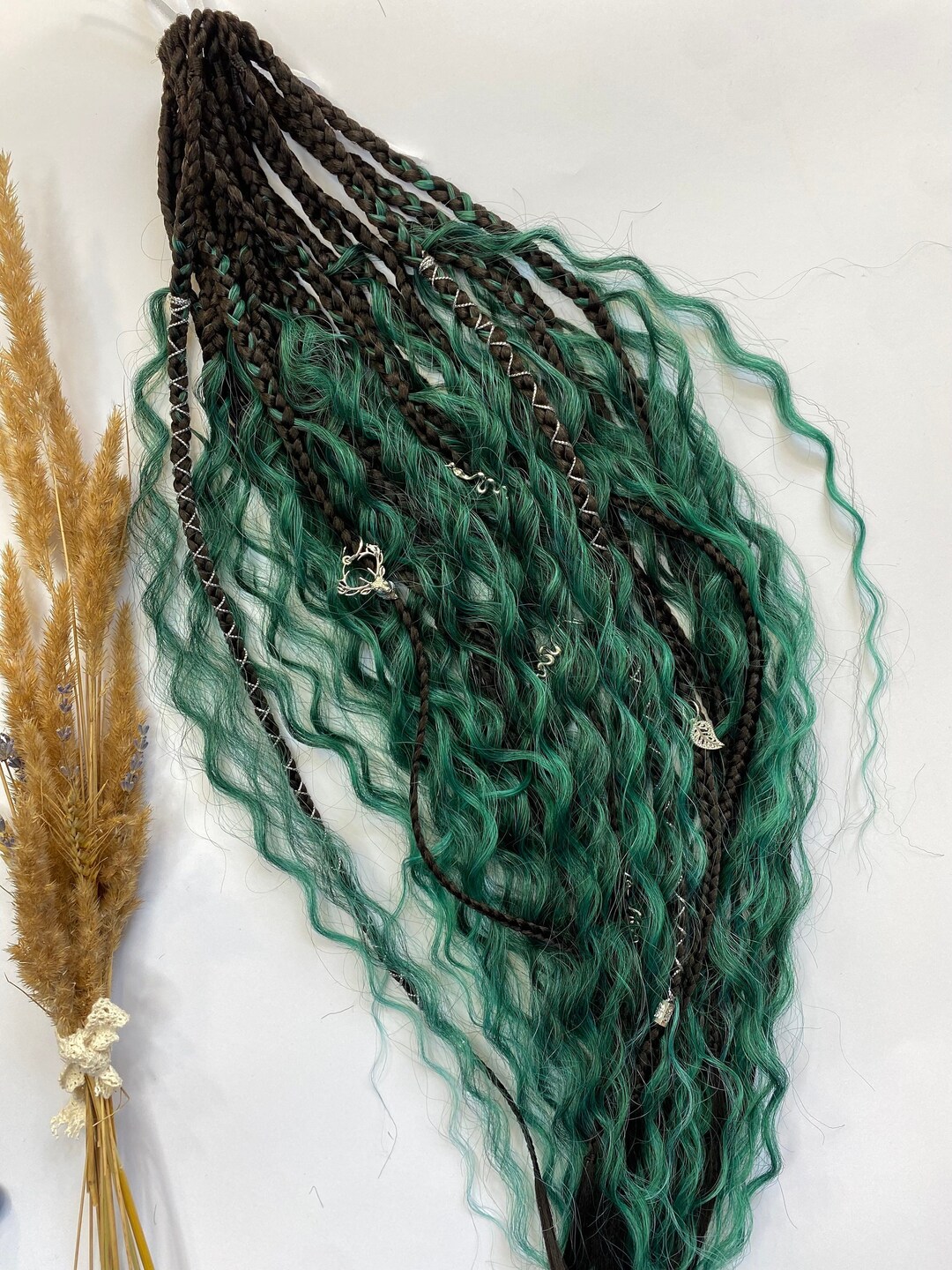 Green Emerald Curly Hair, Combination of Wavy Down Hair and Double ...