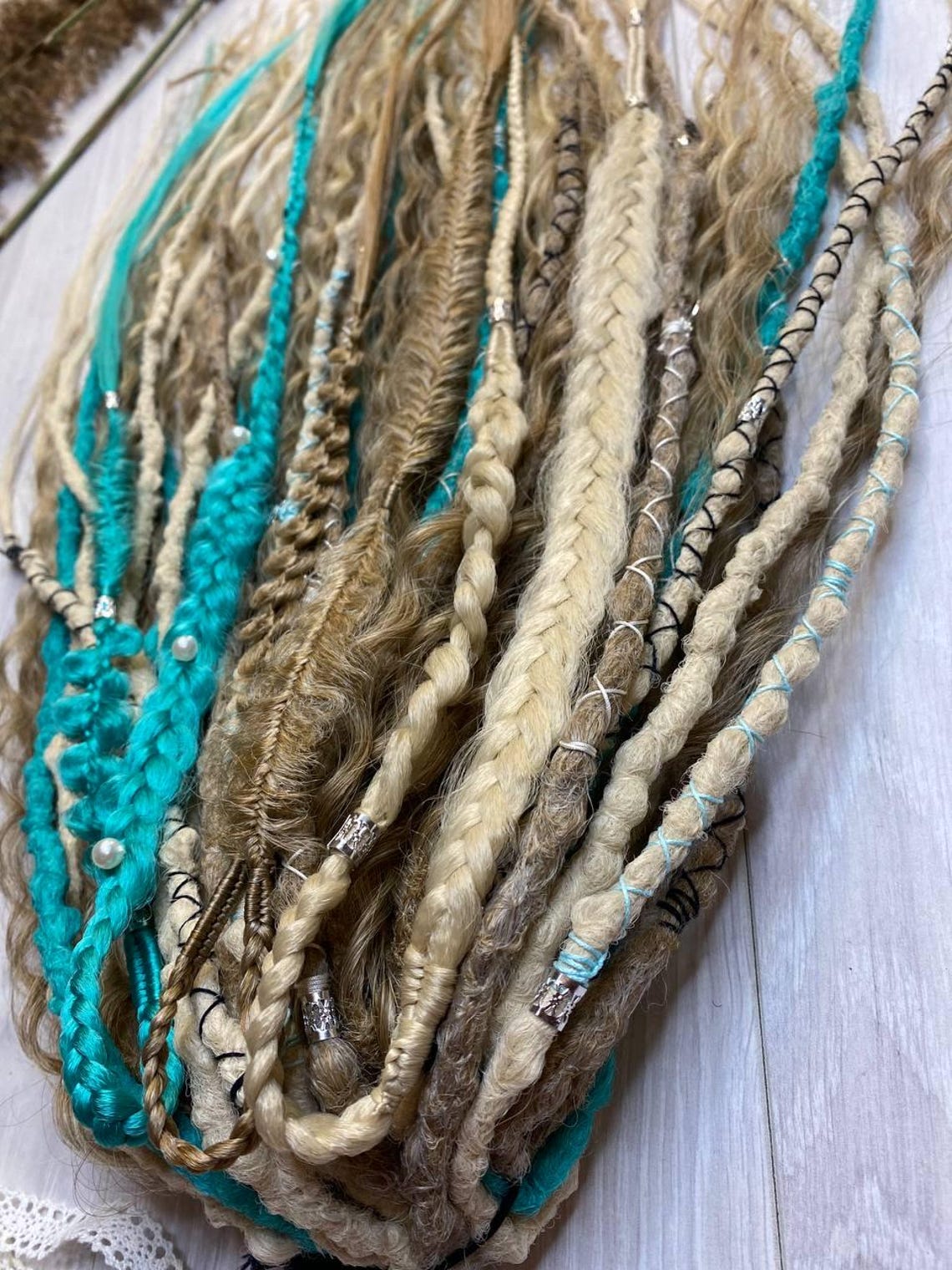 Boho Synthetic Dreadlocks: Turquoise Beige Braids, Beads, Curls - Etsy
