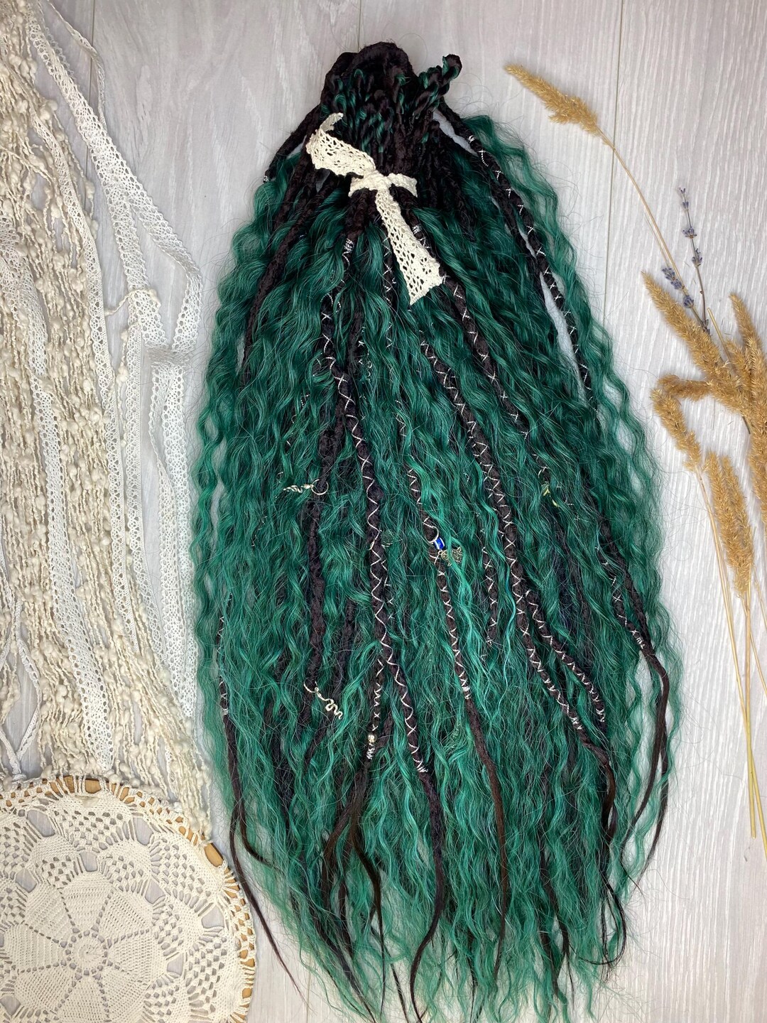 Black & Brown Dreadlock Extensions With Green Curls, Handmade Boho ...