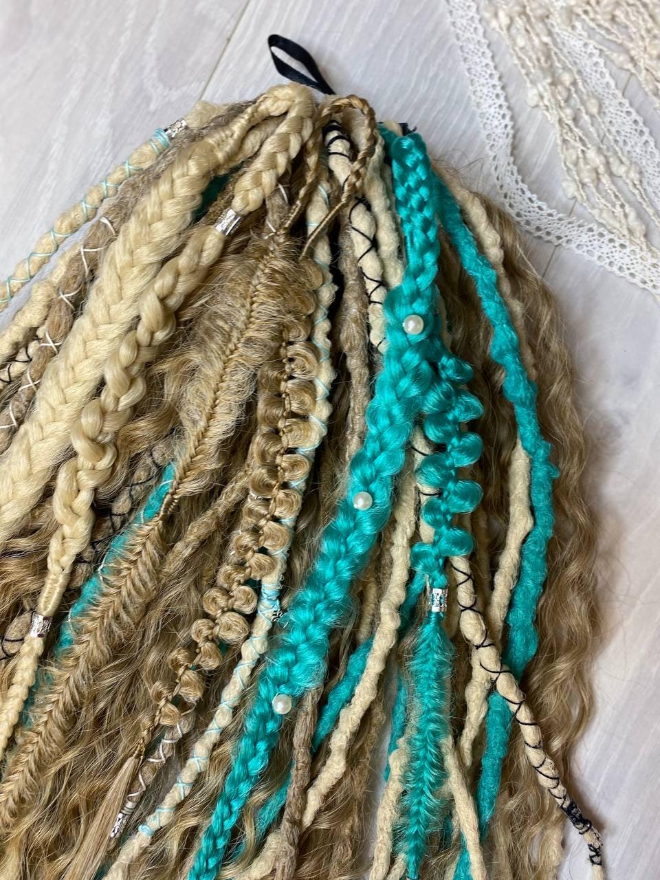 Boho Synthetic Dreadlocks: Turquoise Beige Braids, Beads, Curls - Etsy