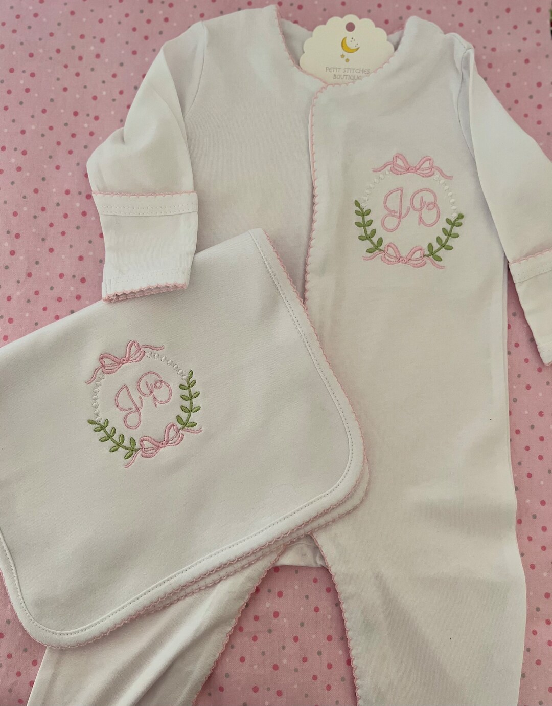 Baby Picot Trim Footie / Bow Monogram Wreath/personalized Footie / Pima ...