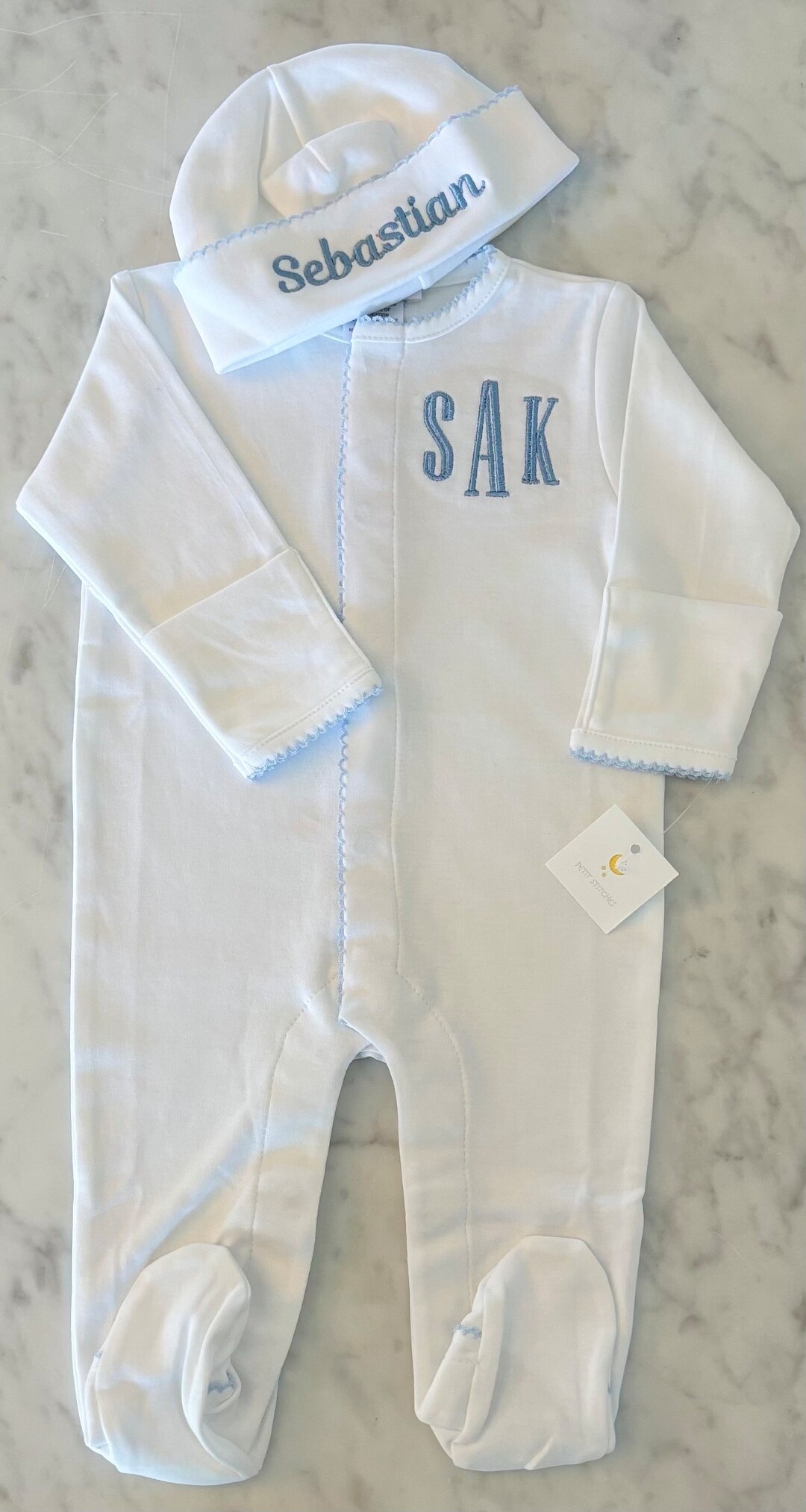 Monogrammed Baby Footie/ Blue Picot Trim Footie / Baby Boy/personalized ...