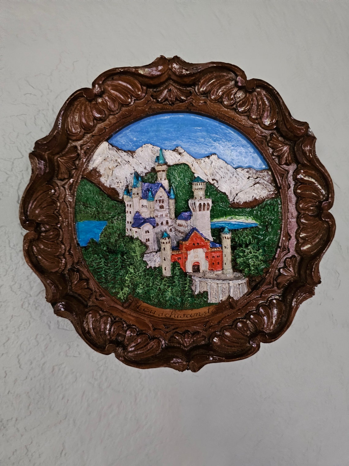 Vintage German Neuschwanstein Castle Carved Wood Resin Plate Hand ...