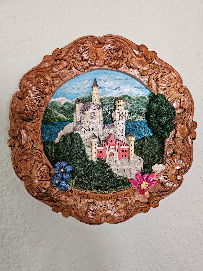 Vintage German Neuschwanstein Castle Carved Wood Resin Plate Hand ...