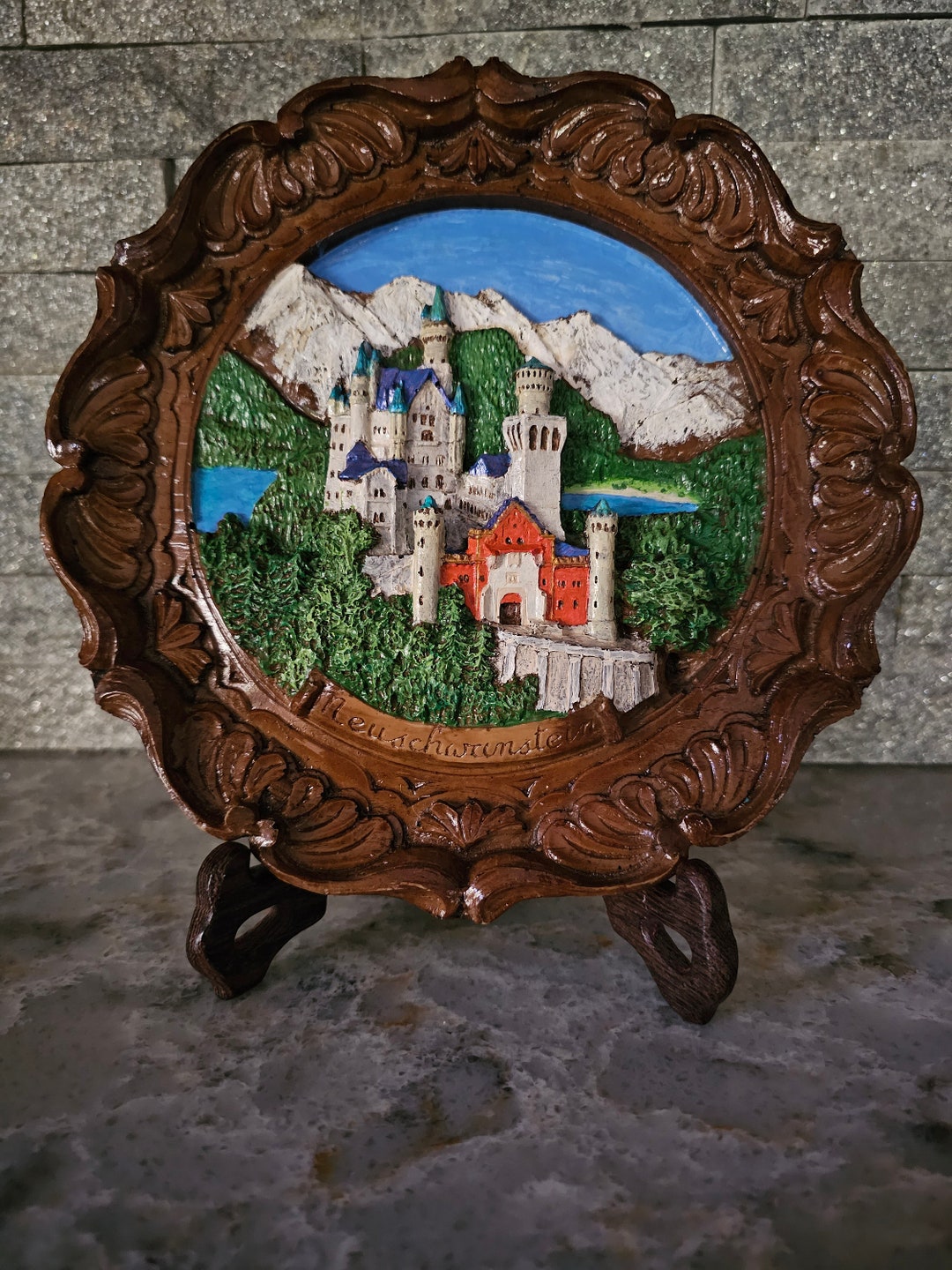 Vintage German Neuschwanstein Castle Carved Wood Resin Plate Hand ...
