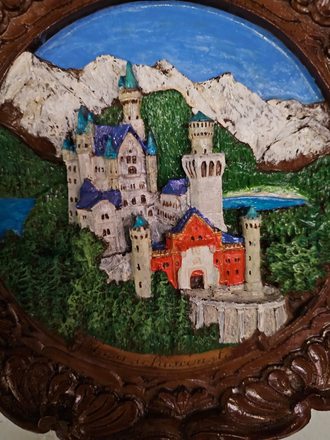 Vintage German Neuschwanstein Castle Carved Wood Resin Plate Hand ...