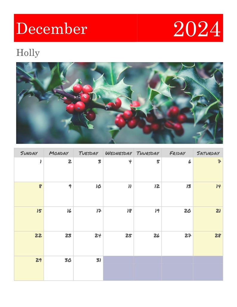 Printable 2024 Monthly Calendar - Flowers - Etsy