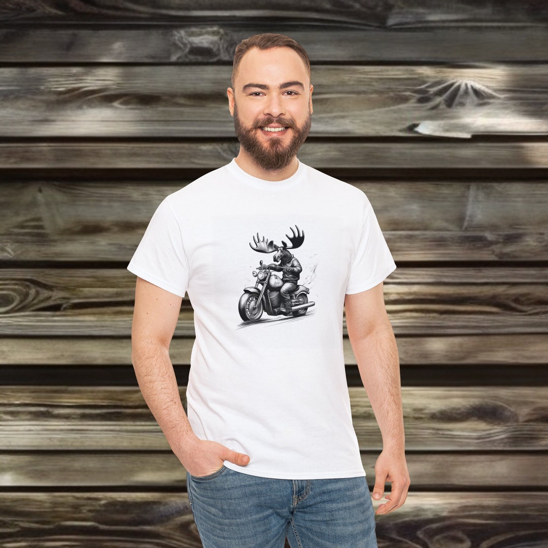 Moose Rider T-shirt - Cute Animal Graphic Tee, Funny Moose Motorcycle ...