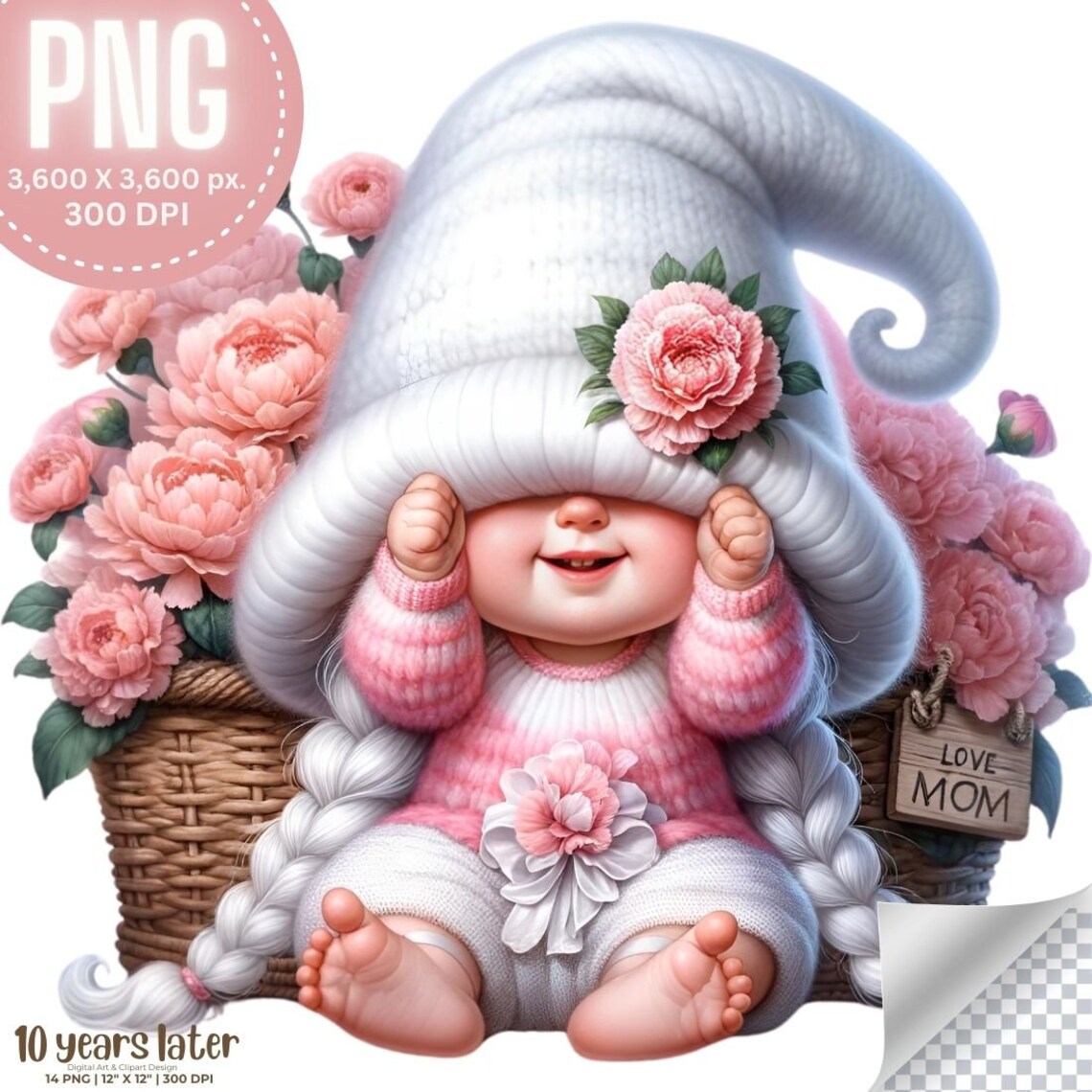 Mother's Day Pink Carnations Baby Girl Gnome Watercolor Female Gnome ...