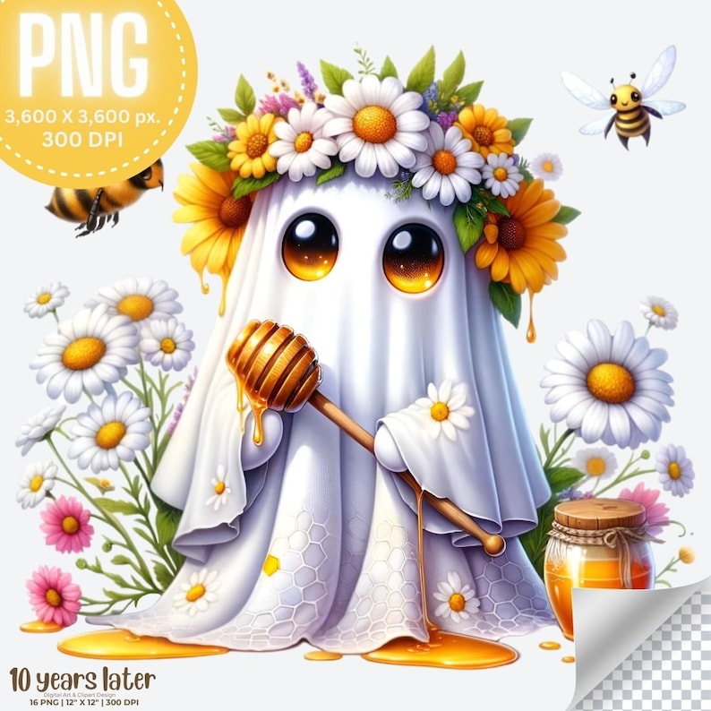 Boo Bee Watercolor Honey Bee Ghost High Quality Clipart 13 PNG, Cute Ghost With Flowers, Clipart ...