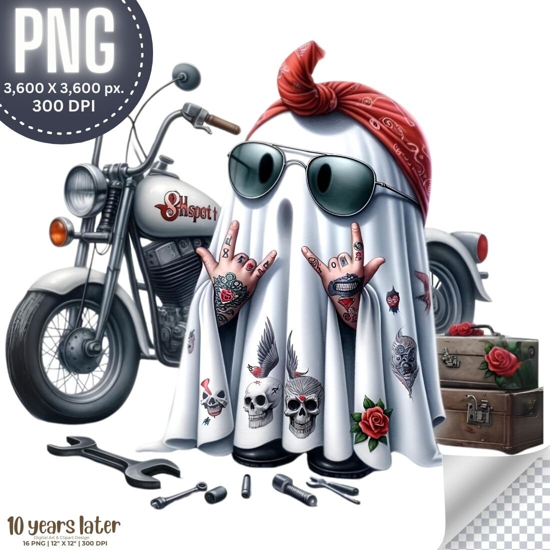 Ghost Biker Hight Quality Clipart 16 PNG Watercolor Ghost Rocker, Biker ...