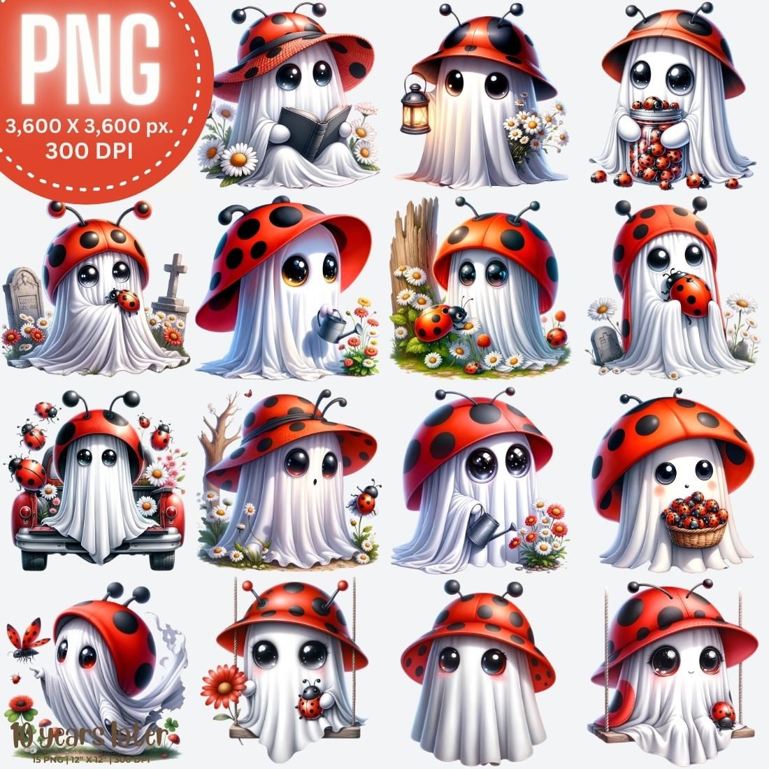 Boo Bug Watercolor Ladybug Ghost High Quality Clipart 15 PNG, Cute Red ...