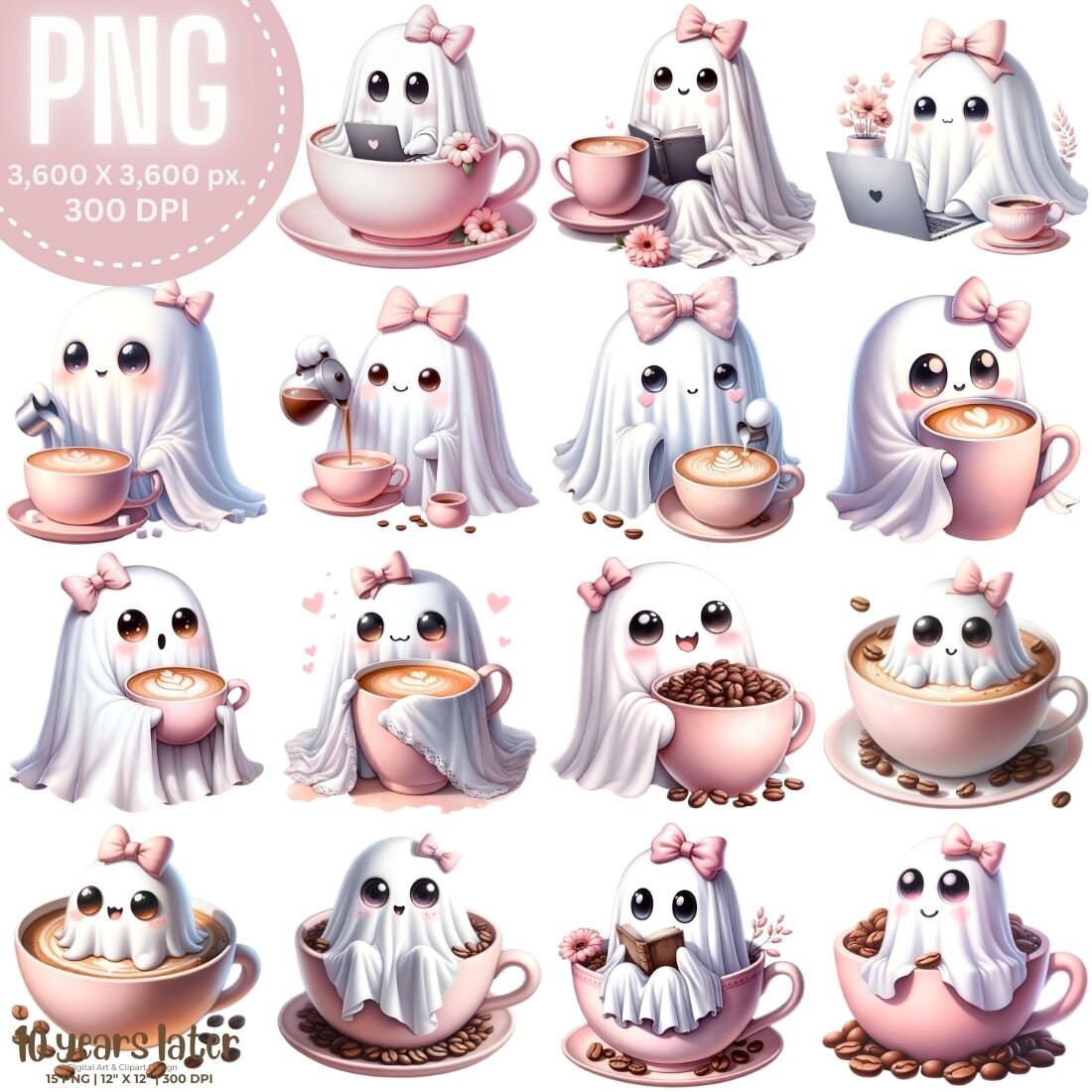 Pinky Cute Coffee Ghost Hight Quality Clipart 15 PNG | Watercolor Pink ...