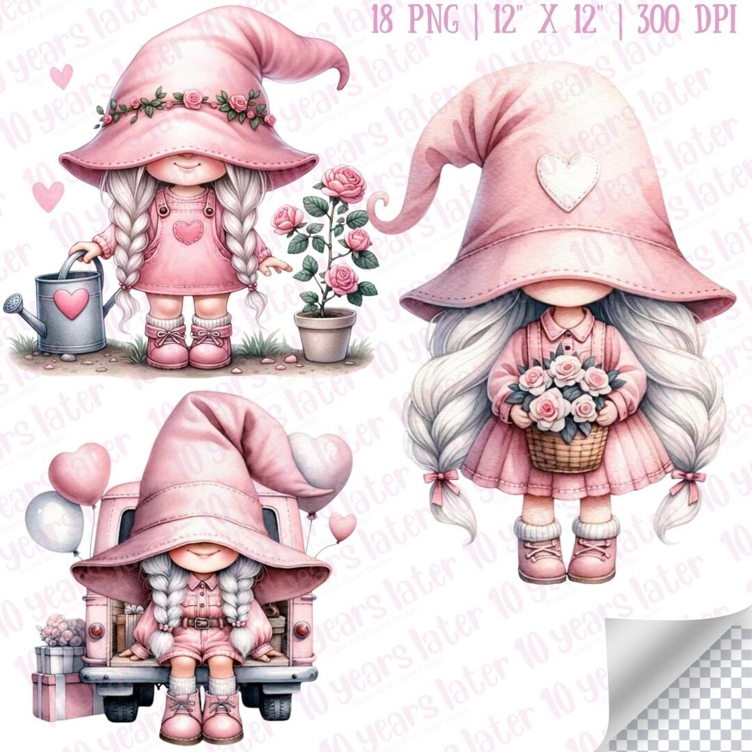 Pink Girl Gnome on Valentine's Day Clipart | Female Gnome PNG, Pink ...
