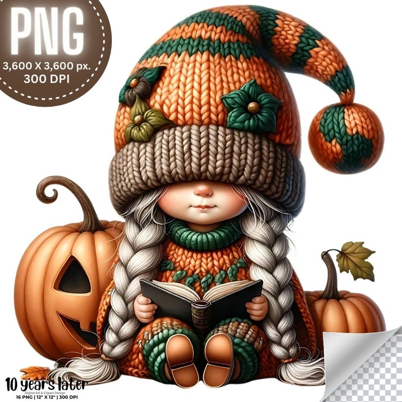 Jack-o-lantern Girl Gnome Clip Arts 17 PNG Cute Female Gnome Watercolor ...