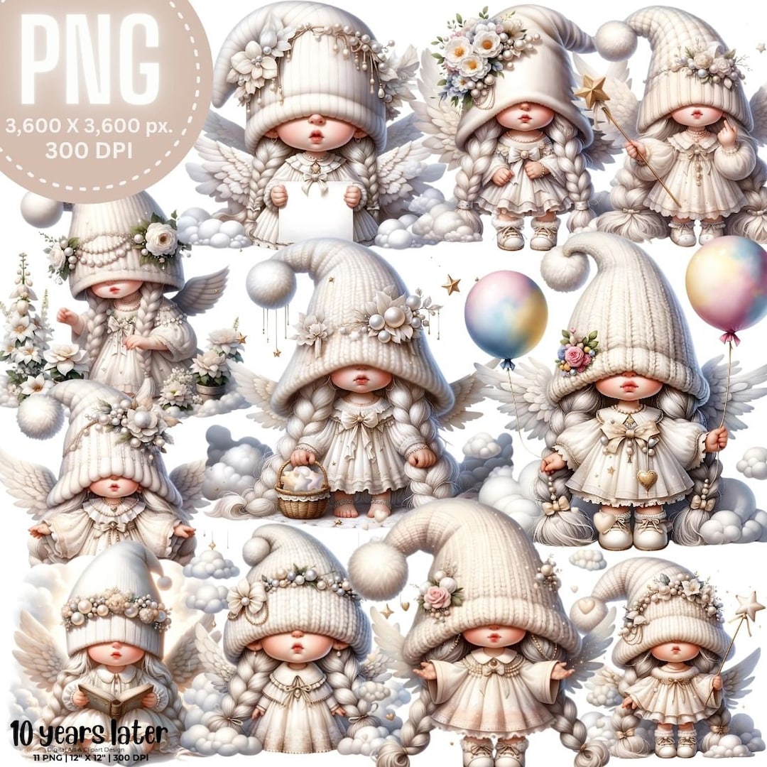 Little Angel Girl Gnome Clip Arts 11 PNG | Cute Female Gnome Watercolor ...