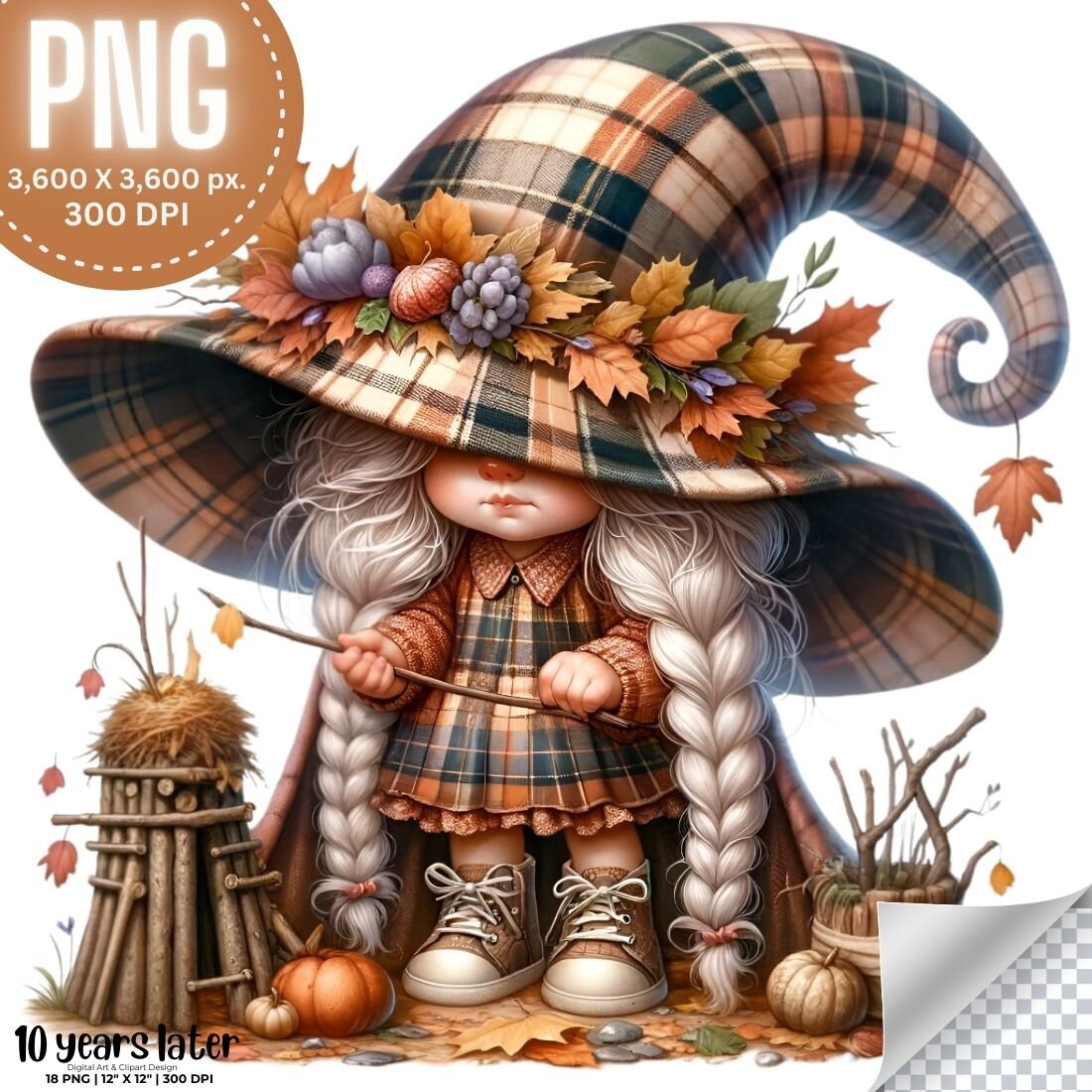 Harvest Autumn Girl Gnome Clip Arts 18 PNG Cute Female Gnome Watercolor ...