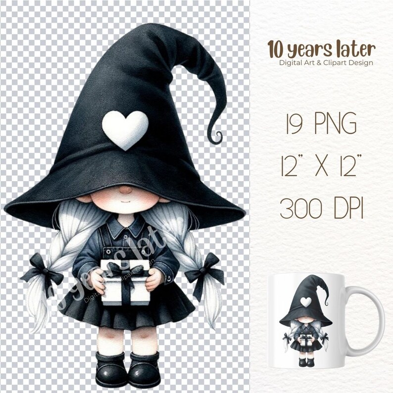 Girl Gnome in Black Denim on Valentine's Day Clipart Black Gnome PNG ...