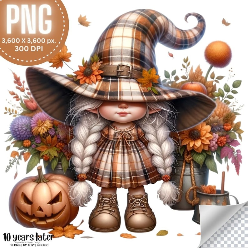 Harvest Autumn Girl Gnome Clip Arts 18 PNG Cute Female Gnome Watercolor ...