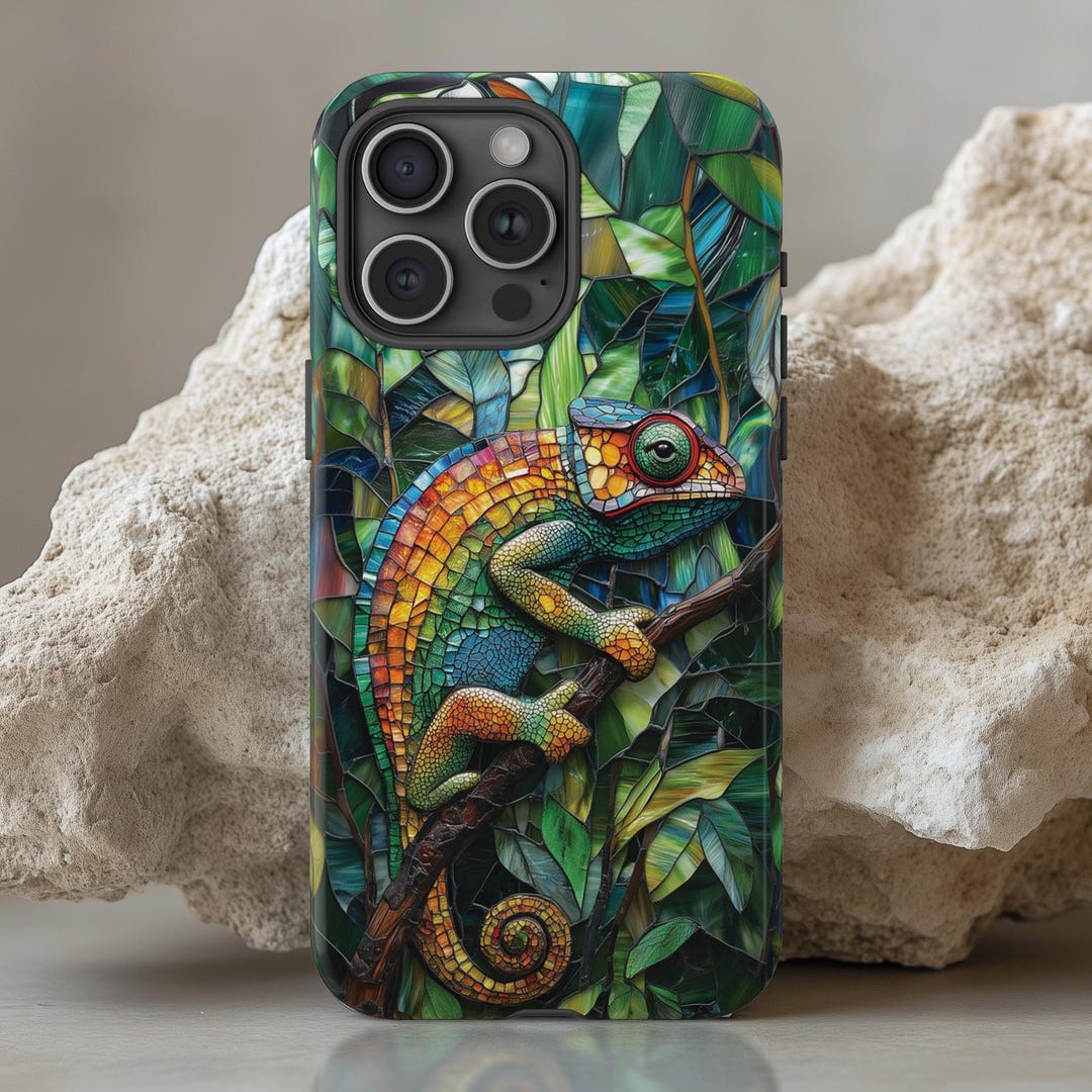 Chameleon Faux Stained Glass Phone Case, Colorful Wildlife Design for ...
