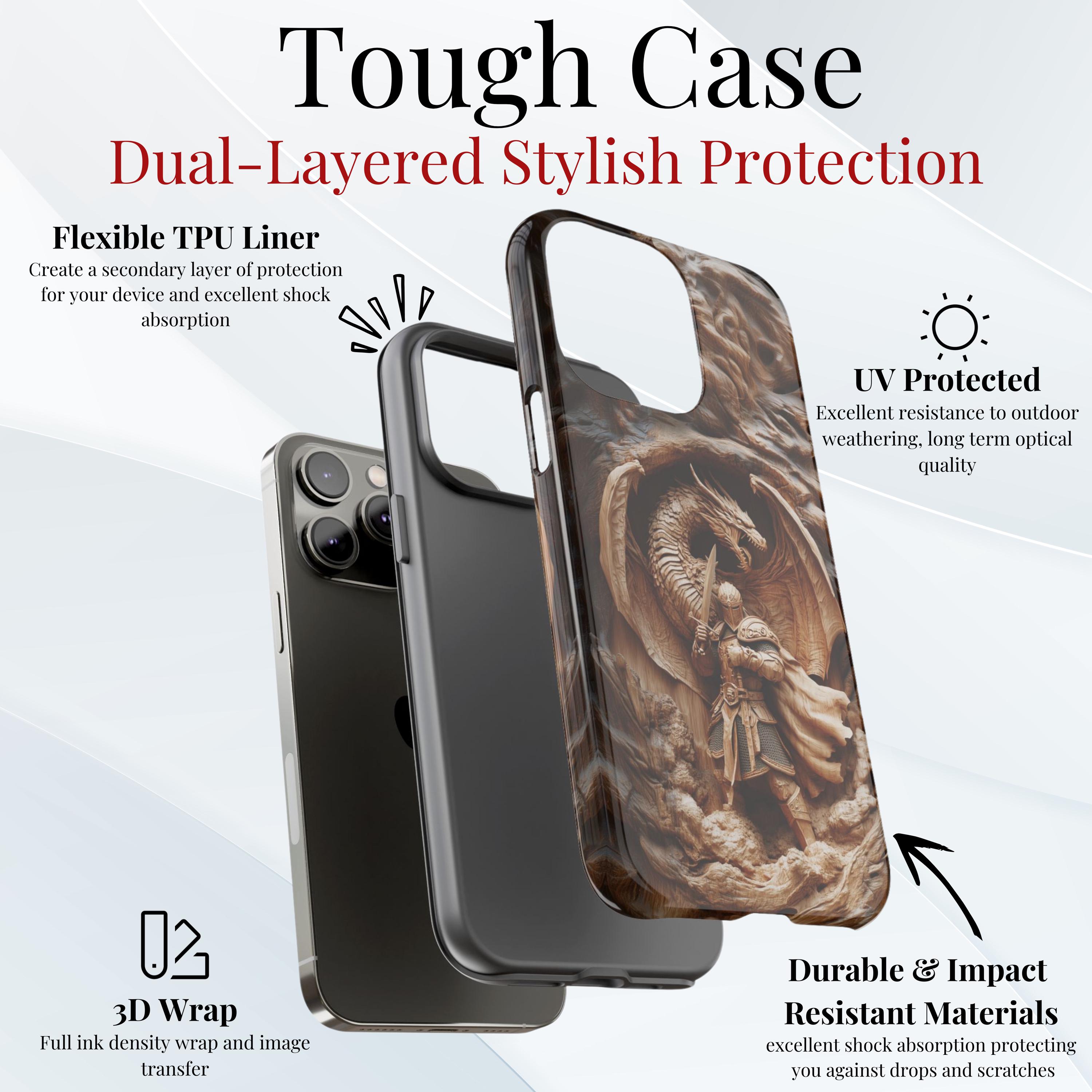 Medieval Knight Slaying Dragon Phone Case, Faux 3D Wood Carving Phone ...
