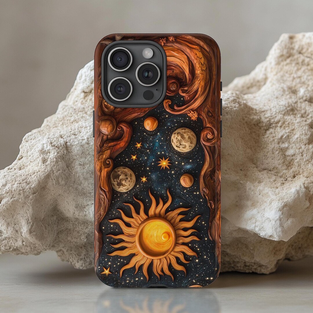 Celestial Sun and Moon 3D Printed Wood Effect Phone Case, Cosmic Galaxy ...