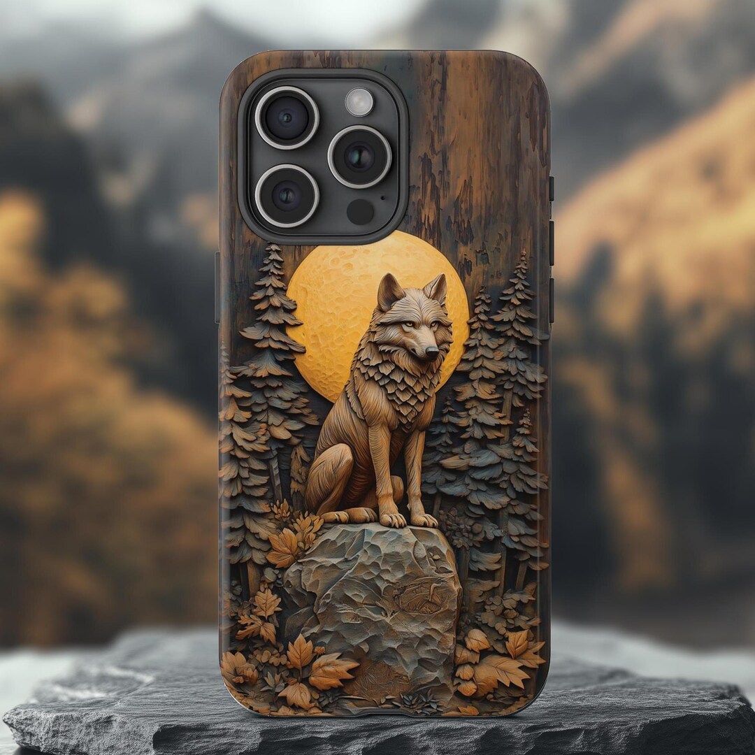Wolf Alpha Full Moon 3D Illusion Faux Wood Carved Phone Case, Pack ...