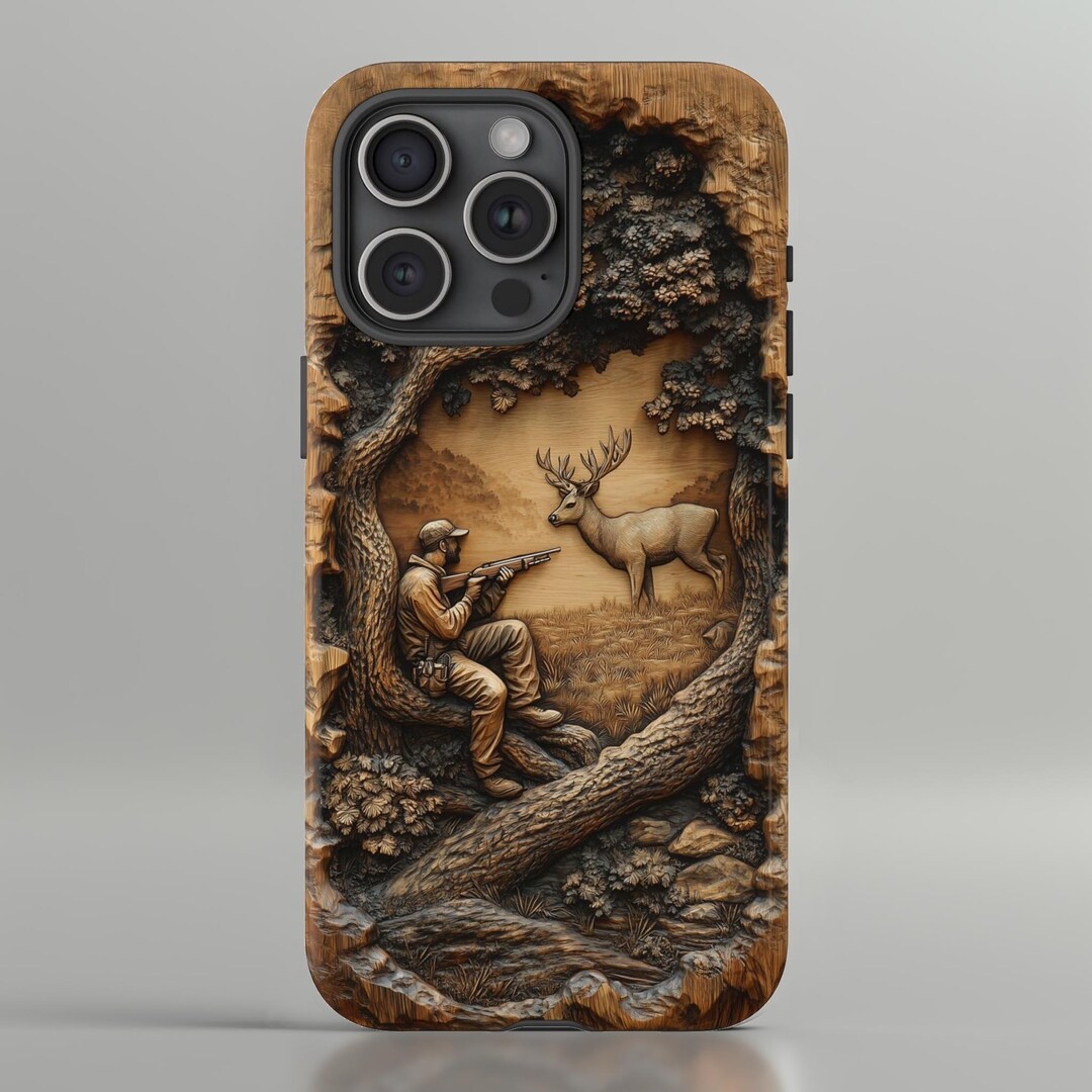 Hunter & Deer 3D Wood Carved Illusion Phone Case, UV Printed - Wood ...