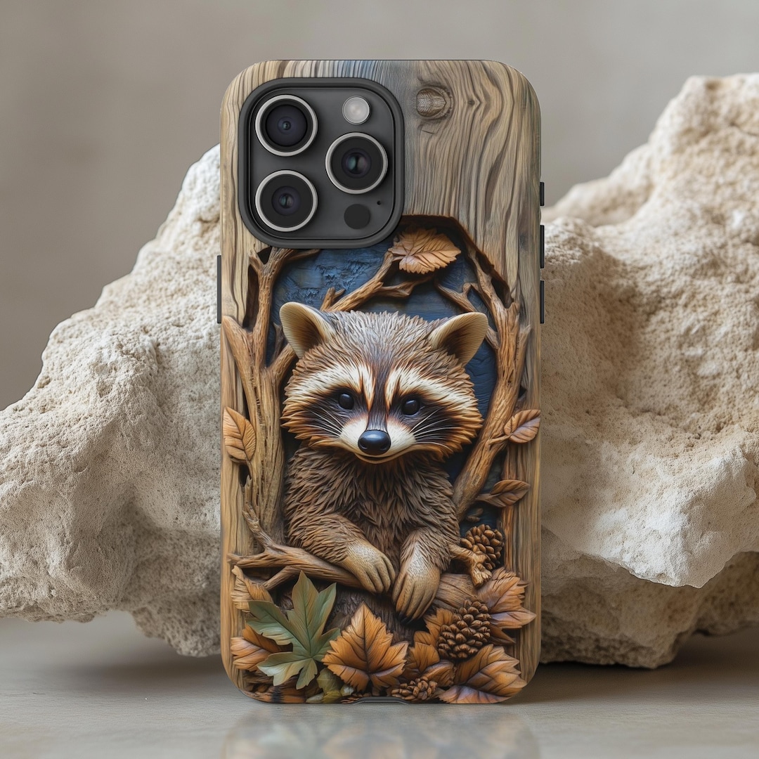 Woodland Raccoon Wood Carved Illusion Printed Phone Case, Cute Wildlife ...