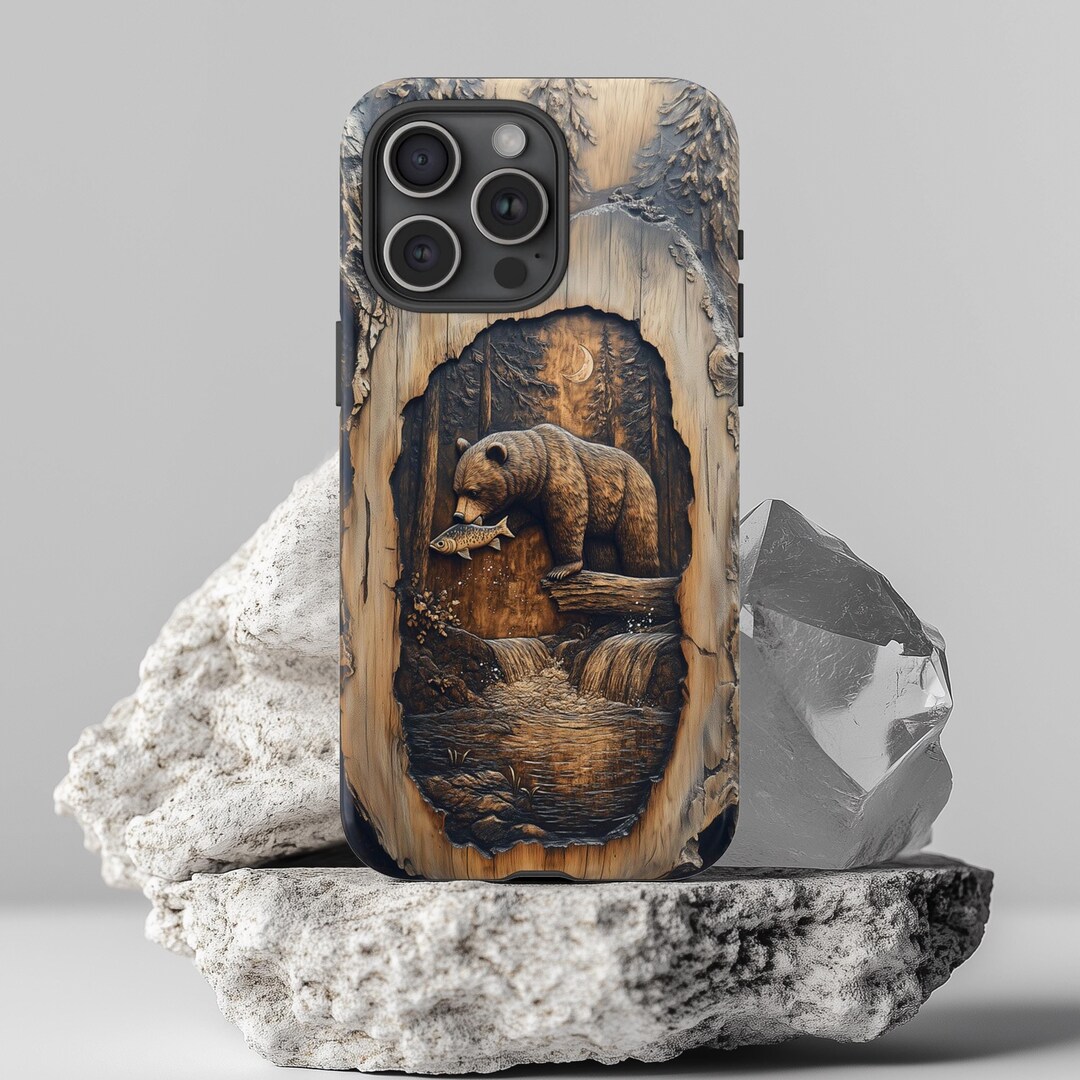 3D Grizzly Bear Fishing Faux Wood Carved Phone Case, Nature Inspired ...