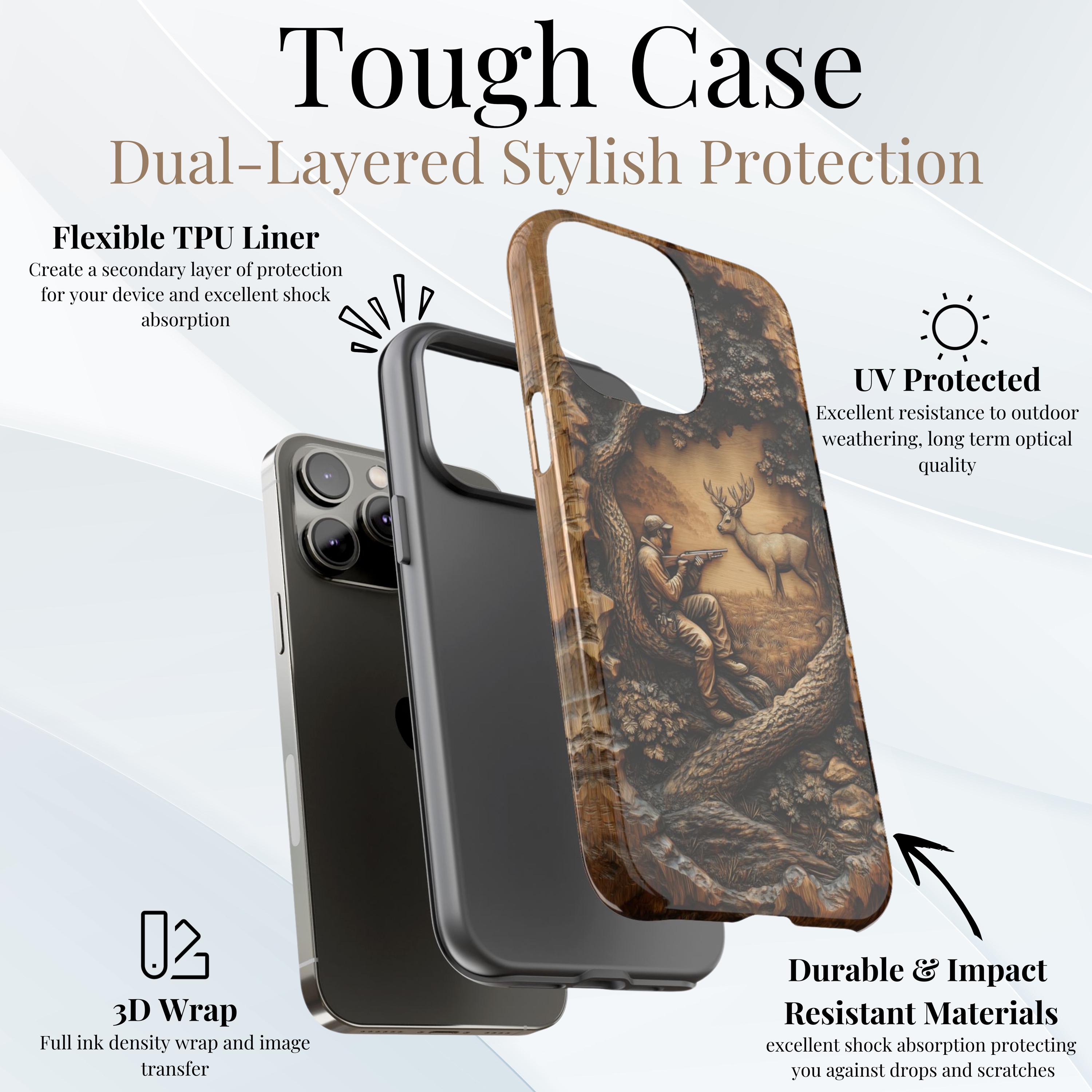 Hunter & Deer 3D Wood Carved Illusion Phone Case, UV Printed Wood Grain ...