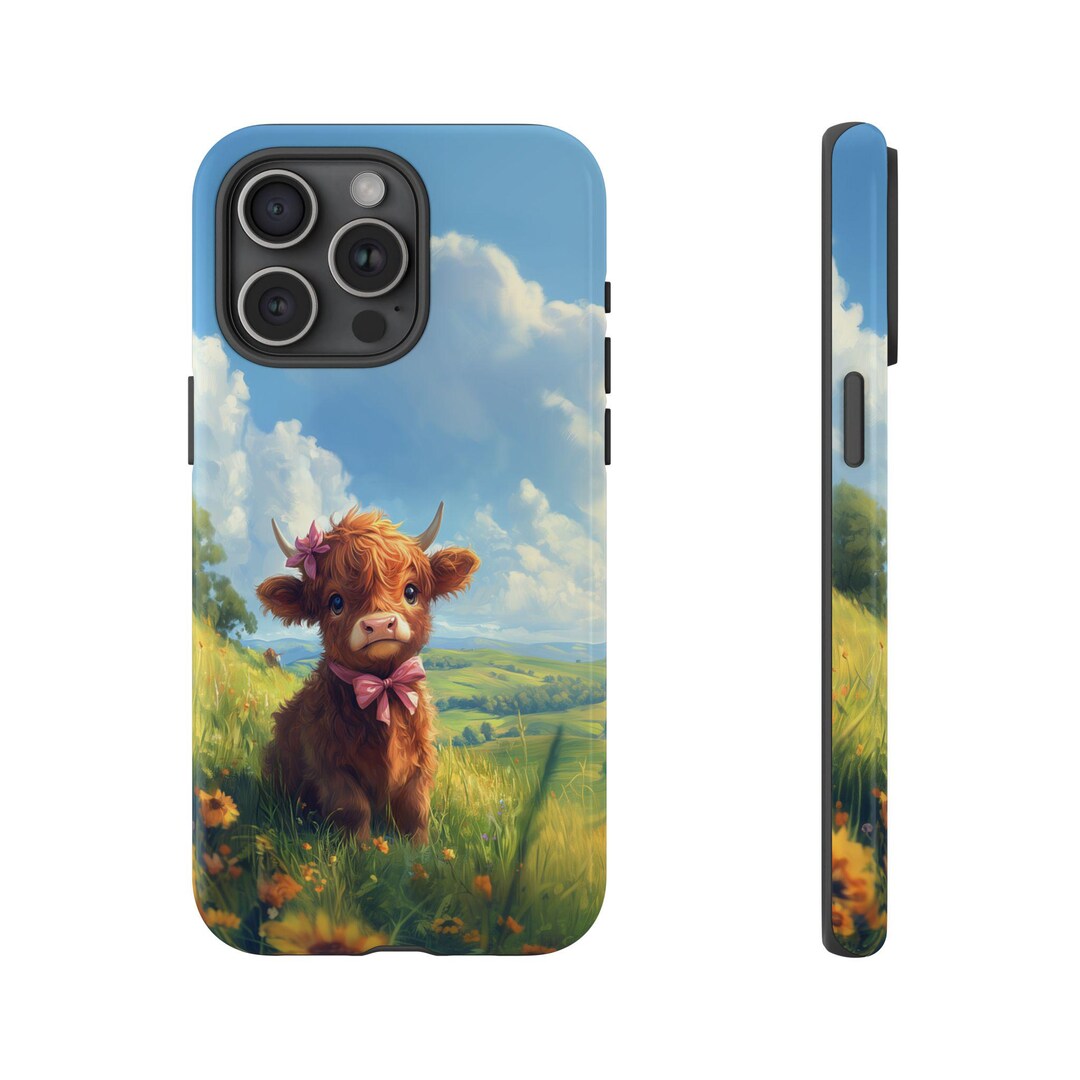 Baby Highlander Cow Phone Case, Kawaii Cute, Cow With Bow, Pasture Cow ...