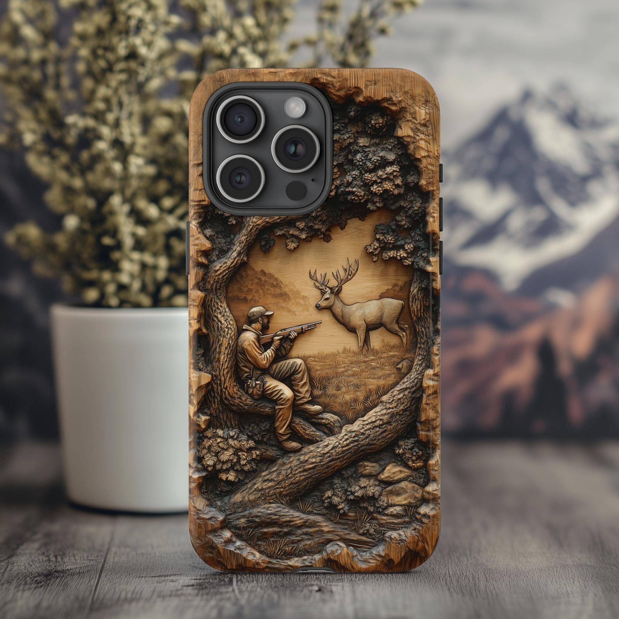Hunter & Deer 3D Wood Carved Illusion Phone Case, UV Printed Wood Grain ...